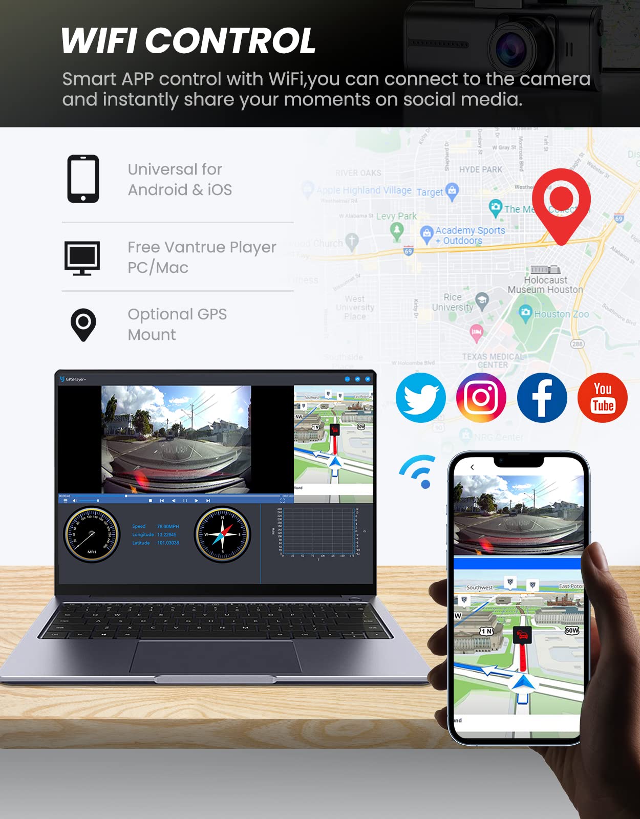 Blueskysea 4K Dual Dashcam, Front Rear Dash Camera Built-in GPS WiFi, Front 4K and Rear 1080P Dual Car Camera,3.16" Display,150° Wide Angle Car Camera with Sony-STARVIS Sensor
