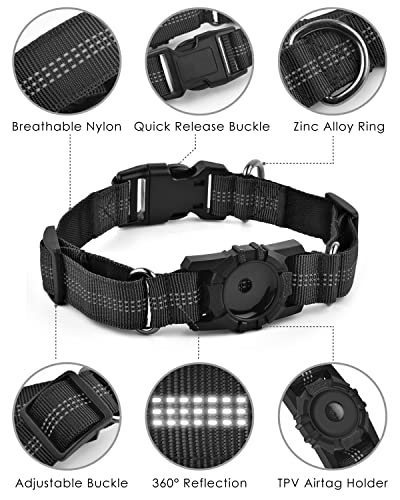 KATUMO AirTag Dog Collar, Reflective Dog Collar for Apple AirTag, Adjustable Soft Nylon Pet Collars with AirTag Holder for Medium Dogs (M, Black)