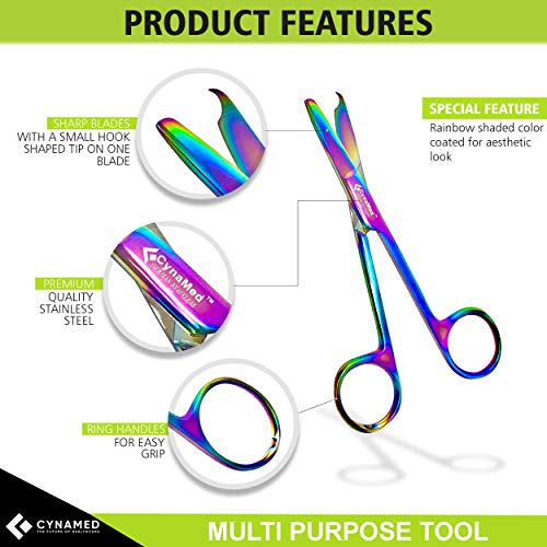 Cynamed Suture Stitch Scissors with Multicolor/Rainbow Titanium Coating - Premium Quality Instrument- Delicate Hook - Perfect for Suture Removal, First Aid, EMS Training and More (4.5 in. - Straight)