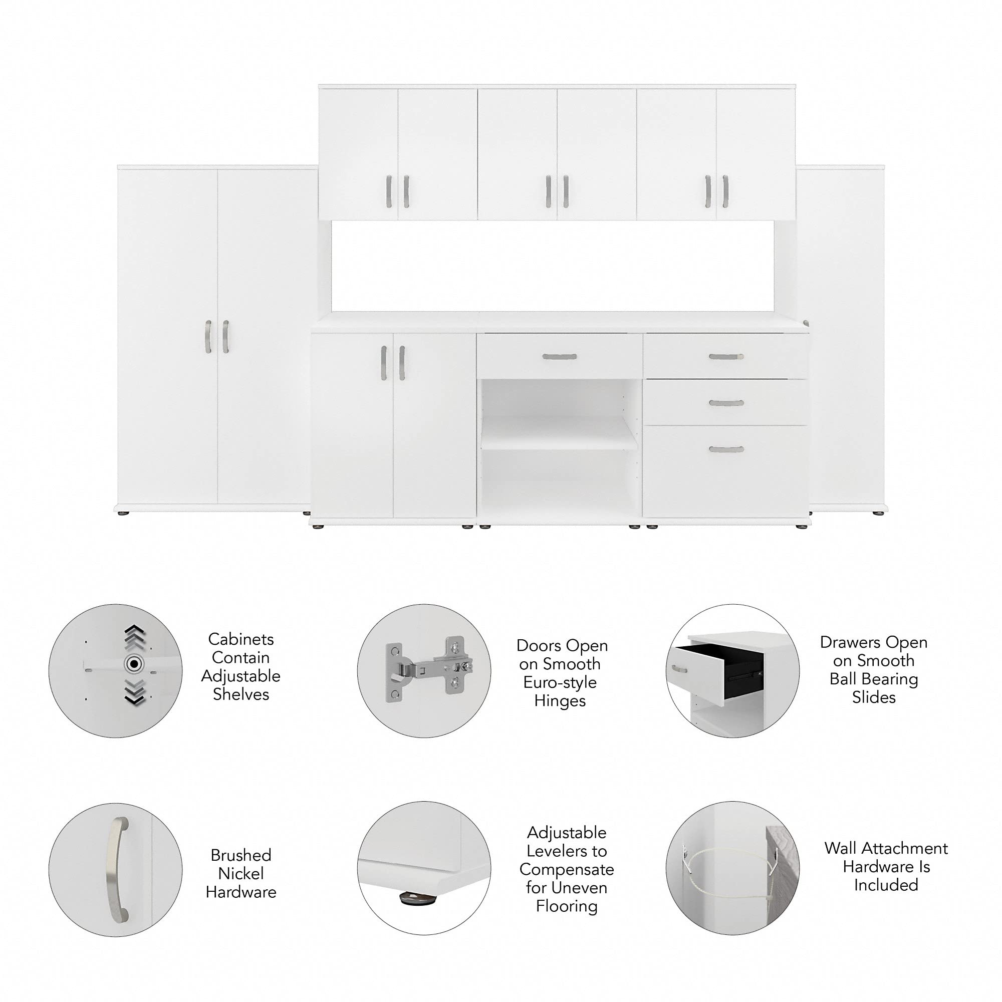 Bush Business Furniture Universal 8 Piece Modular Closet Storage Set with Floor and Wall Cabinets, White