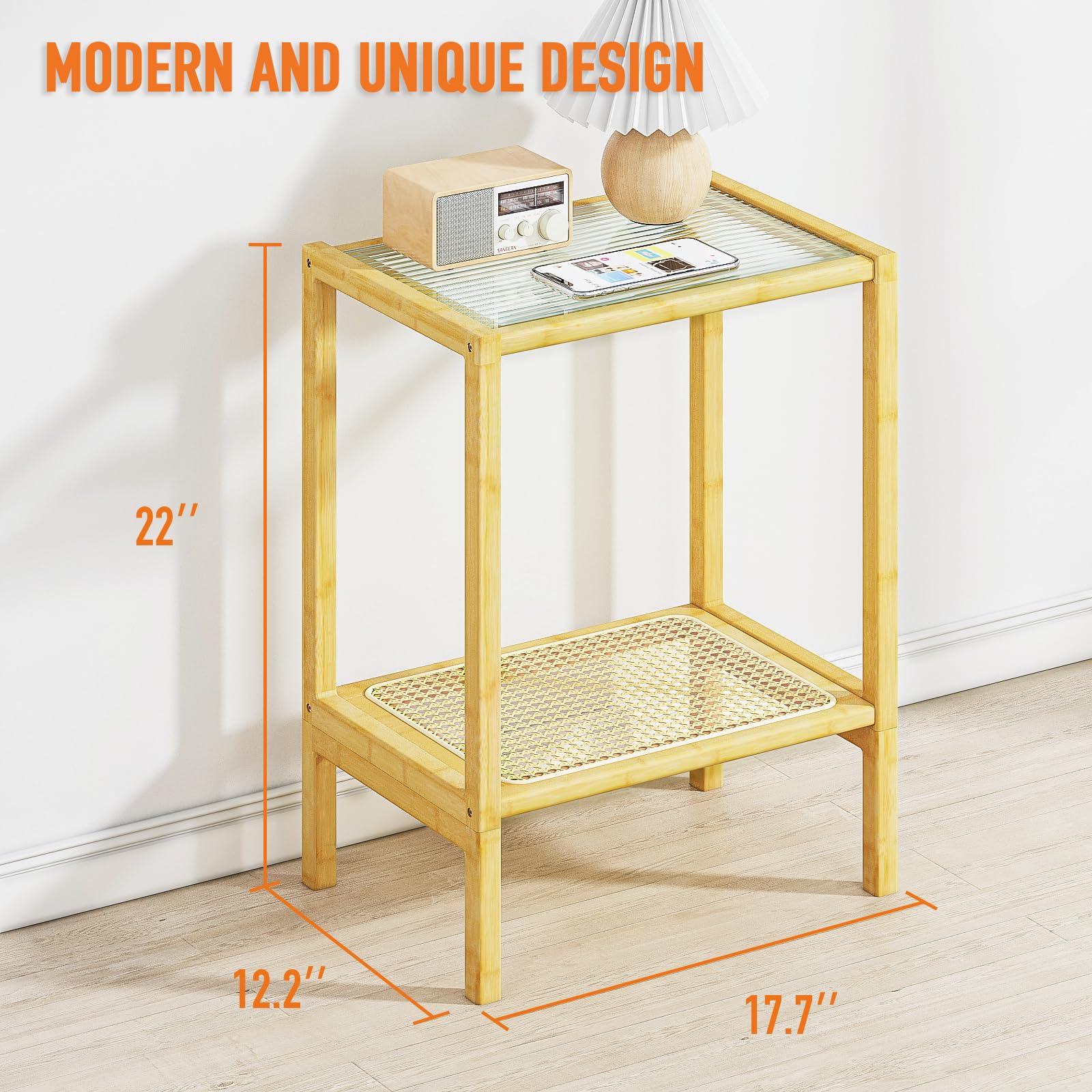 Bamworld Side Table Nature Rattan Night Stand Glass End Table 2-Tier with Storage Boho Bedside Table for Small Spaces Bamboo Coffee Table for Bedroom Living Room