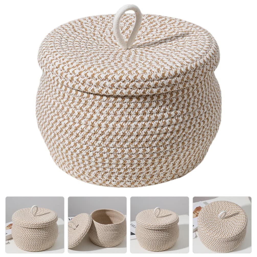 Cabilock Cotton Rope Woven Storage Basket with lids Desktop Organizing Box Sundries Container With Lid Round Cotton Rope Lidded Basket