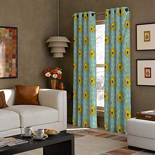 Seafoam and Earth Yellow Farmhouse Curtains 63 Inch Long Yellow Submarine Kids Bedroom Blackout Grommet Top Curtain Panels W72 x H63