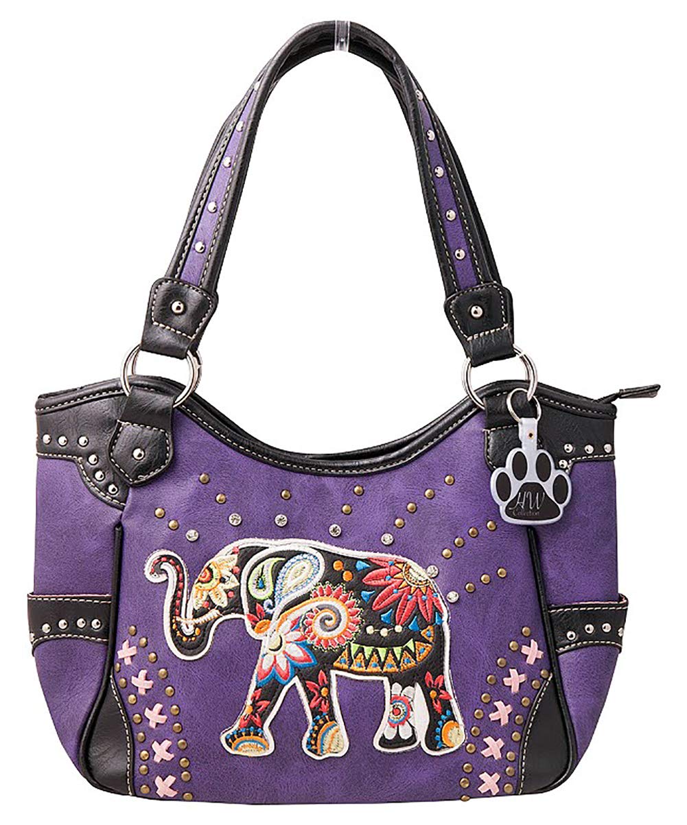 HW Collection Large Elephant Purse Women Embroidered Western Handbag and Wallet Set (Purple)