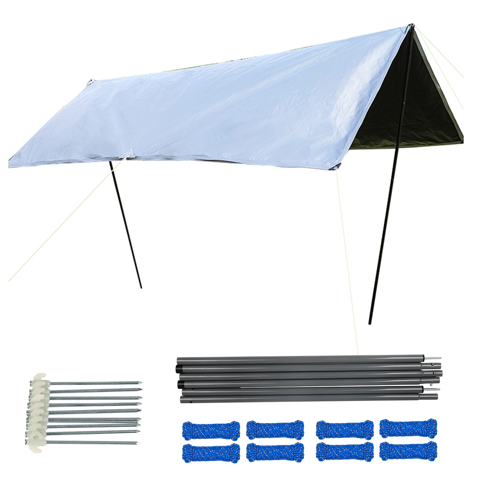 CAMPMAC Lightweight Camping Tarp Set, (10 Ftx13 Ft) - with 2 Heavy Duty Poles, Hammock Tarp, Hammock Tent, Rain Tarp for Used with Car, Tent and Hammock in Camping - (Silver/Black)