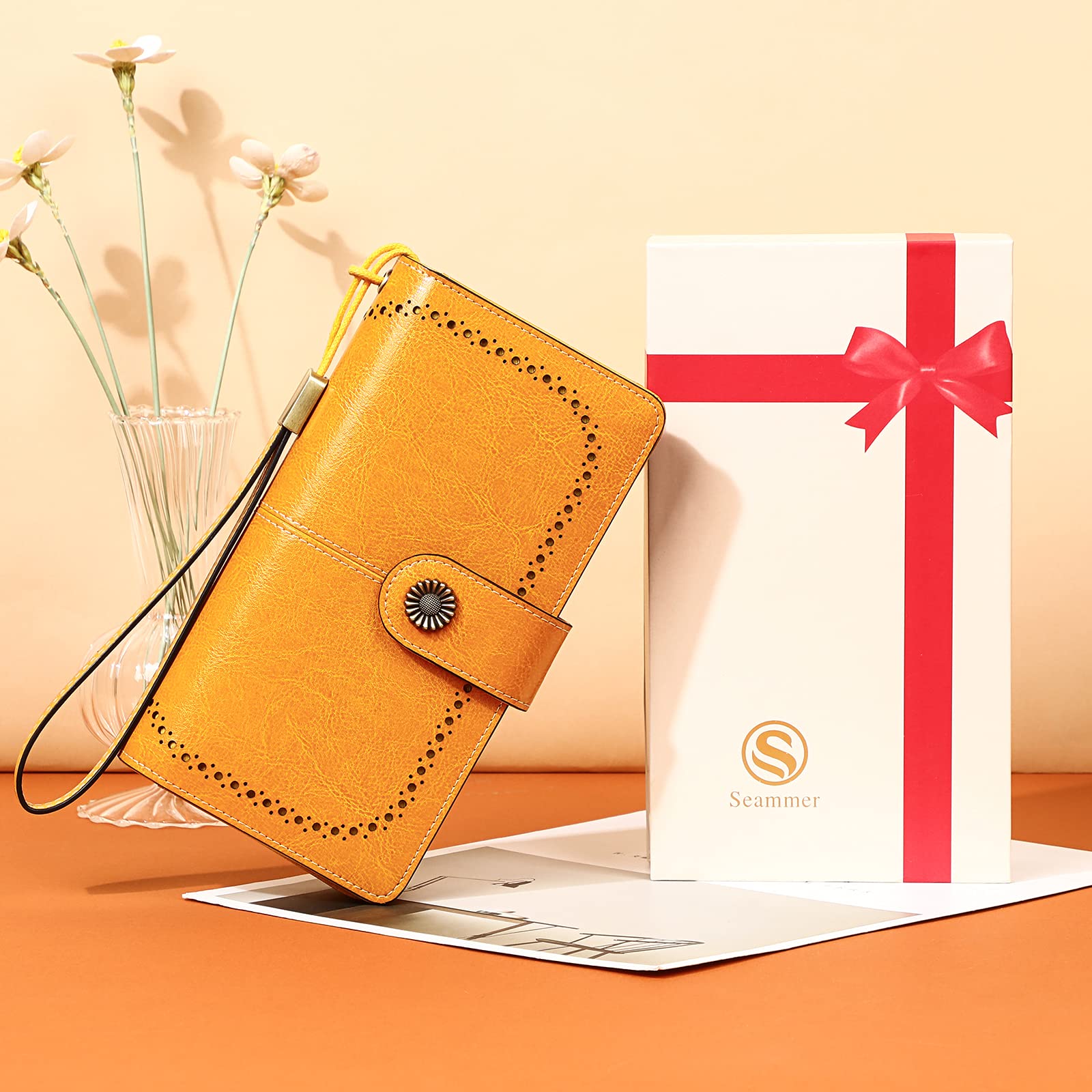 Seammer Womens Genuine Leather Wallets Large Capacity RFID Blocking Credit Card Holder Ladies Wristlet Purse (Yellow)