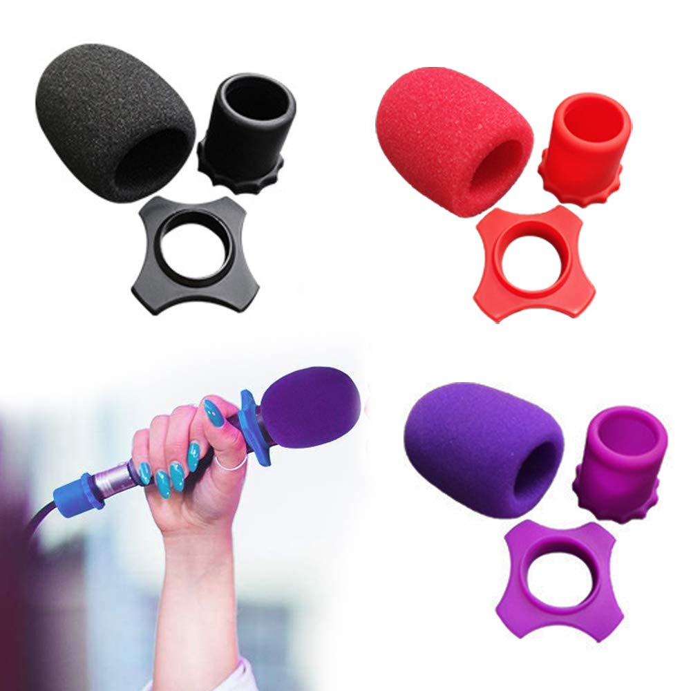 TuNan 9PCS Wireless Handheld Microphone Protection, Silicone Ring, Bottom Rod Sleeve Holder, Windscreen Foam Cover for KTV Device, Shakeproof & Anti-Rolling - Black, Red, Purple