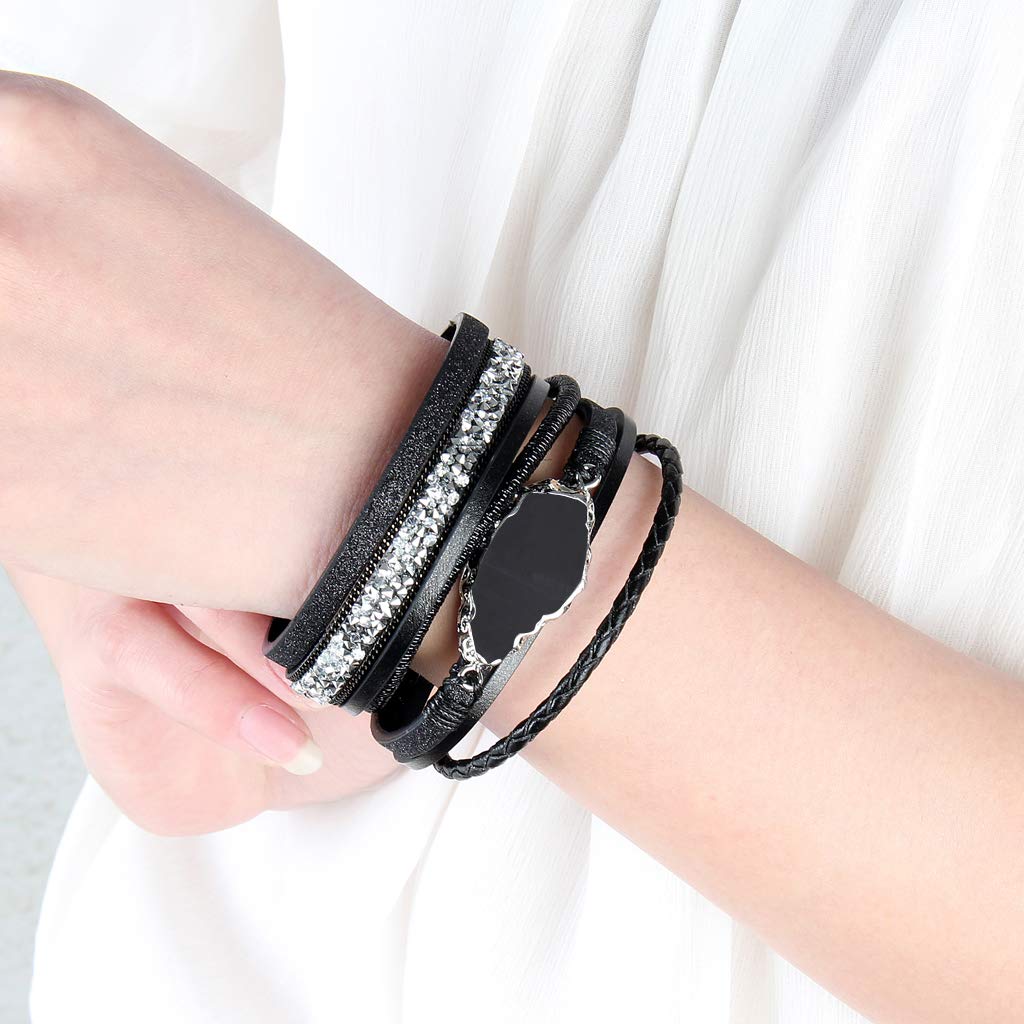 AZORA Leather Cuff Bracelet Multi Rope Wrap Bangle with Pearl Metallic Heart Cuffs Bracelets for Women (Black-cuff bangle bracelets)