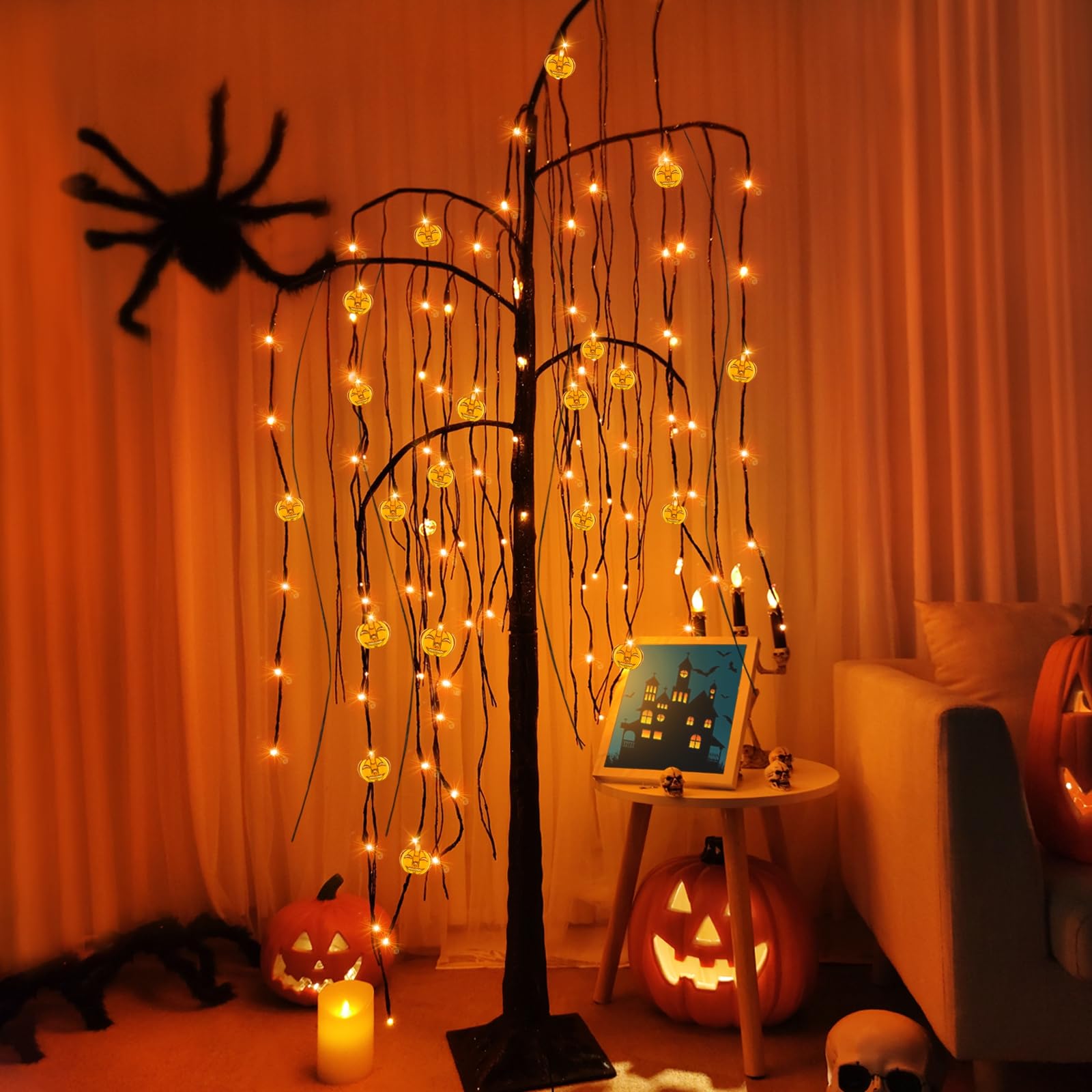 TURNMEON 5 Feet Lighted Halloween Tree Decor with Timer,108 LED Black Scary Willow Tree Purple Lighted 24 Spiders Ornaments Halloween Decorations Outdoor Indoor Holiday Home Yard Garden(Adapter/Timer)