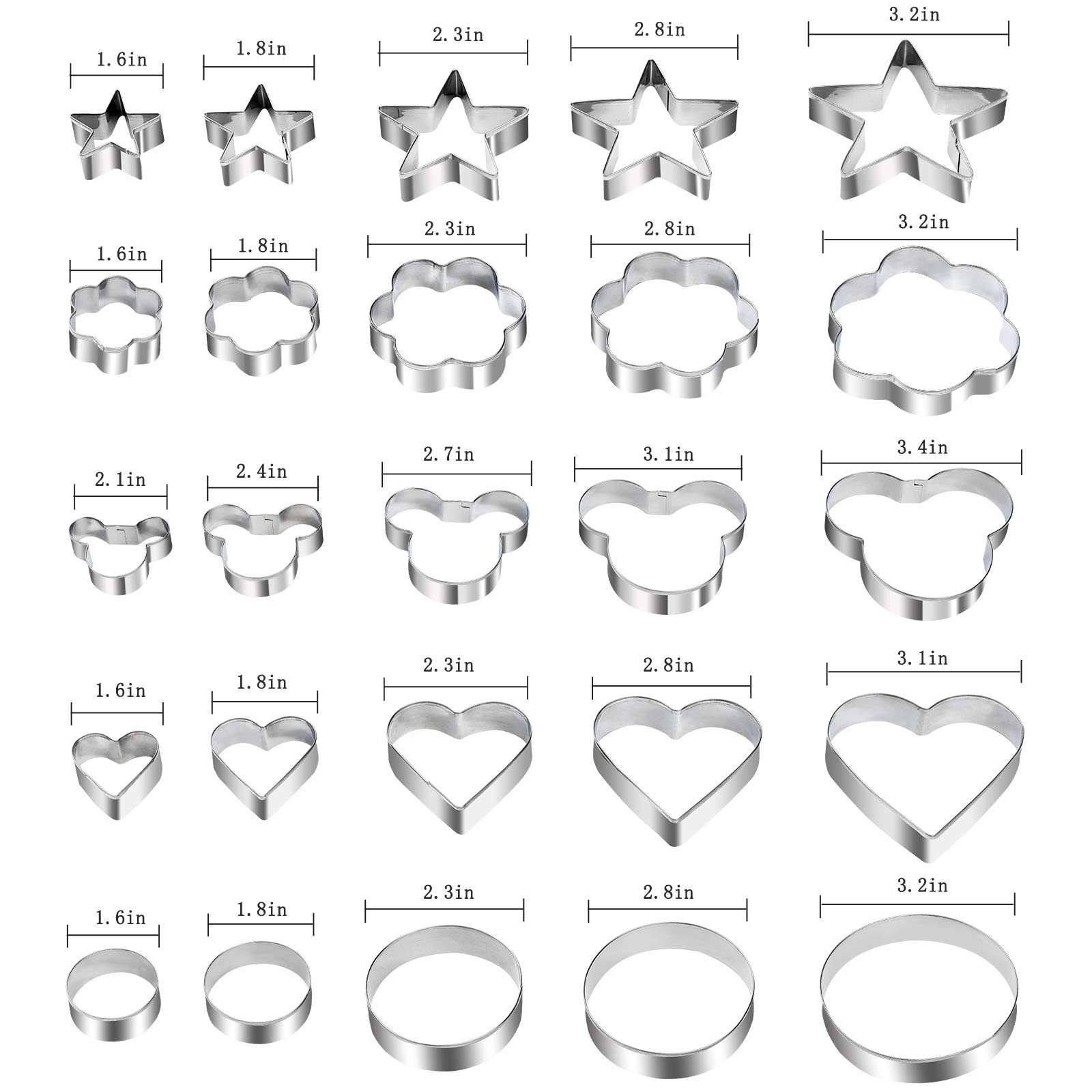 Cookie Cutters Shapes Set, 25pcs Flower,Round,Heart,Star,Mouse Shape Stainless Steel Metal Cookie Molds for Kitchen, Baking