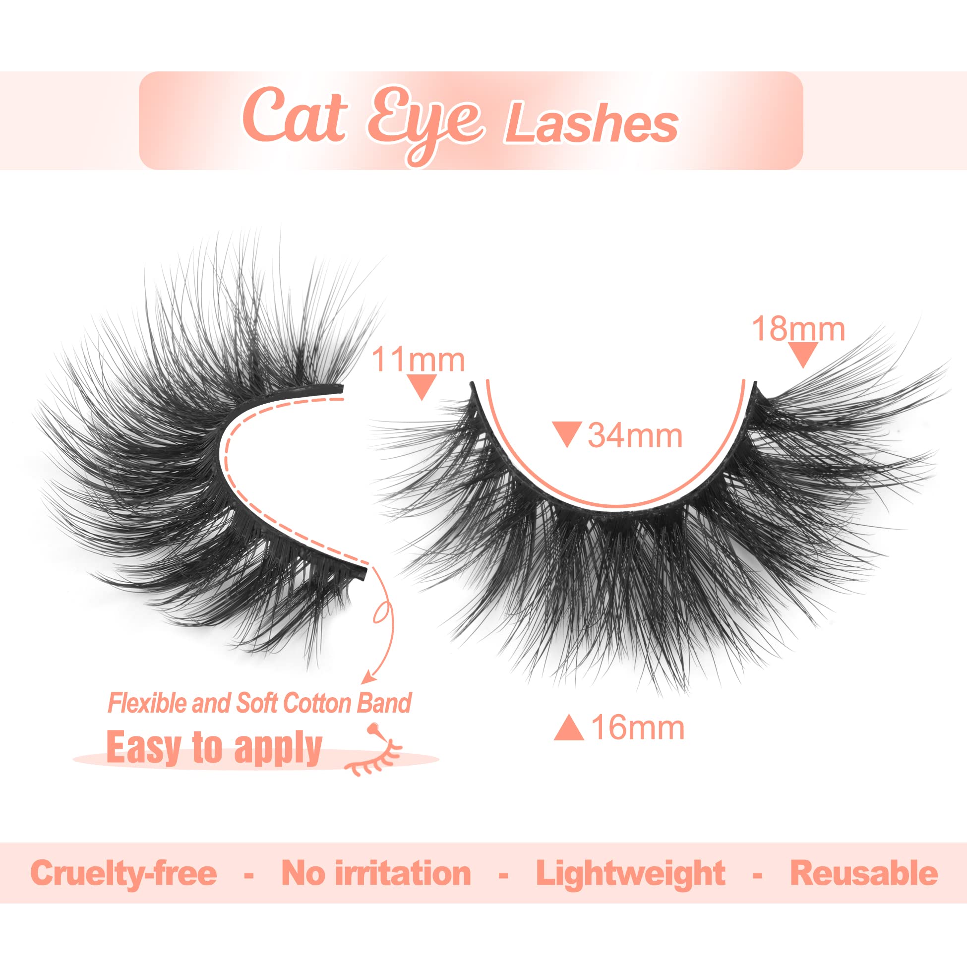 Cat Eye Eyelashes Natural Mink Lashes 18 mm Wispy Fake Eyelashes Lash Extensions Fluffy False Eyelash Strip Fox Eye Lashes Pack