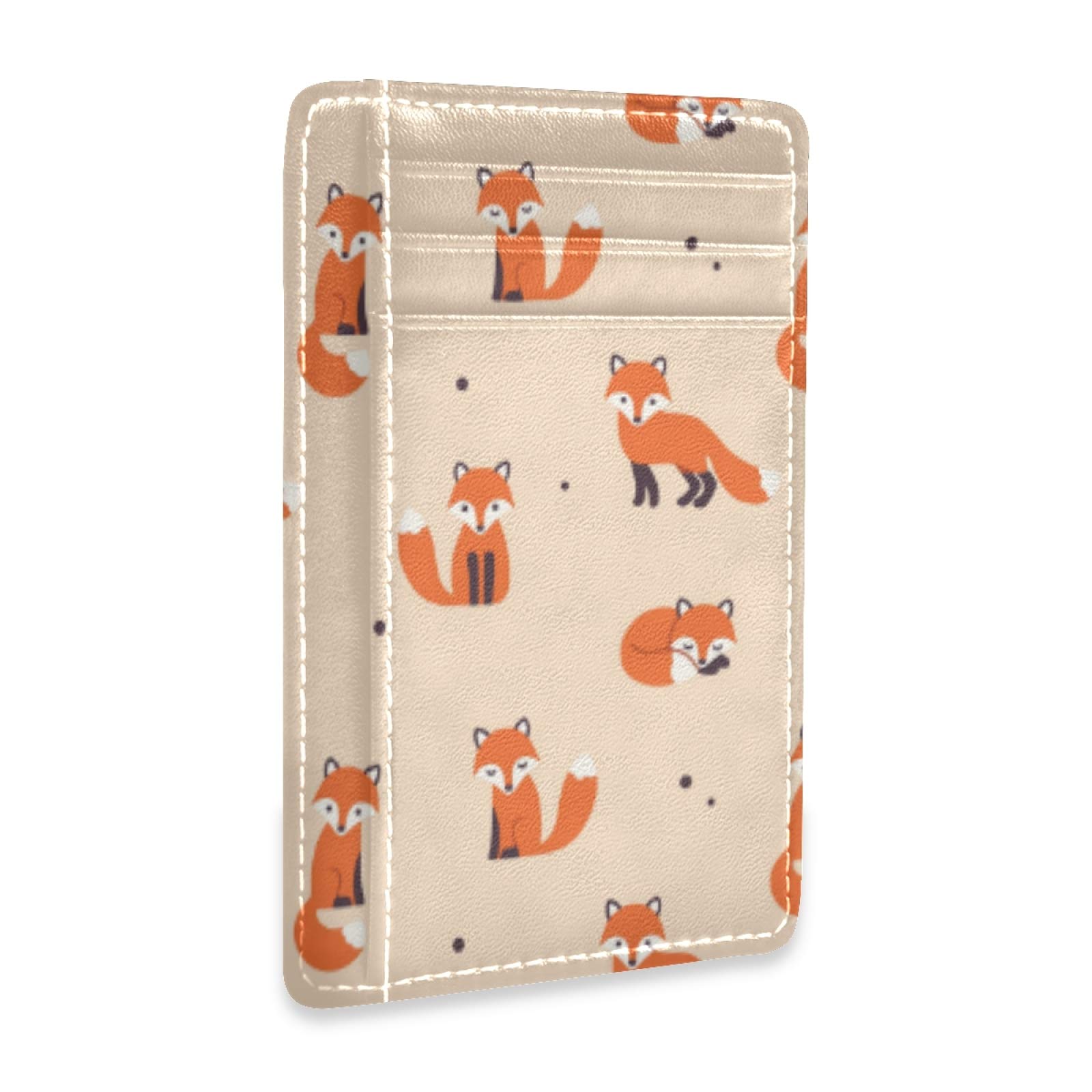 Linomo Thin leather Card Holder and Money Clip Cute Animal Fox Pattern Wallet RFID Blocking for Men & Women