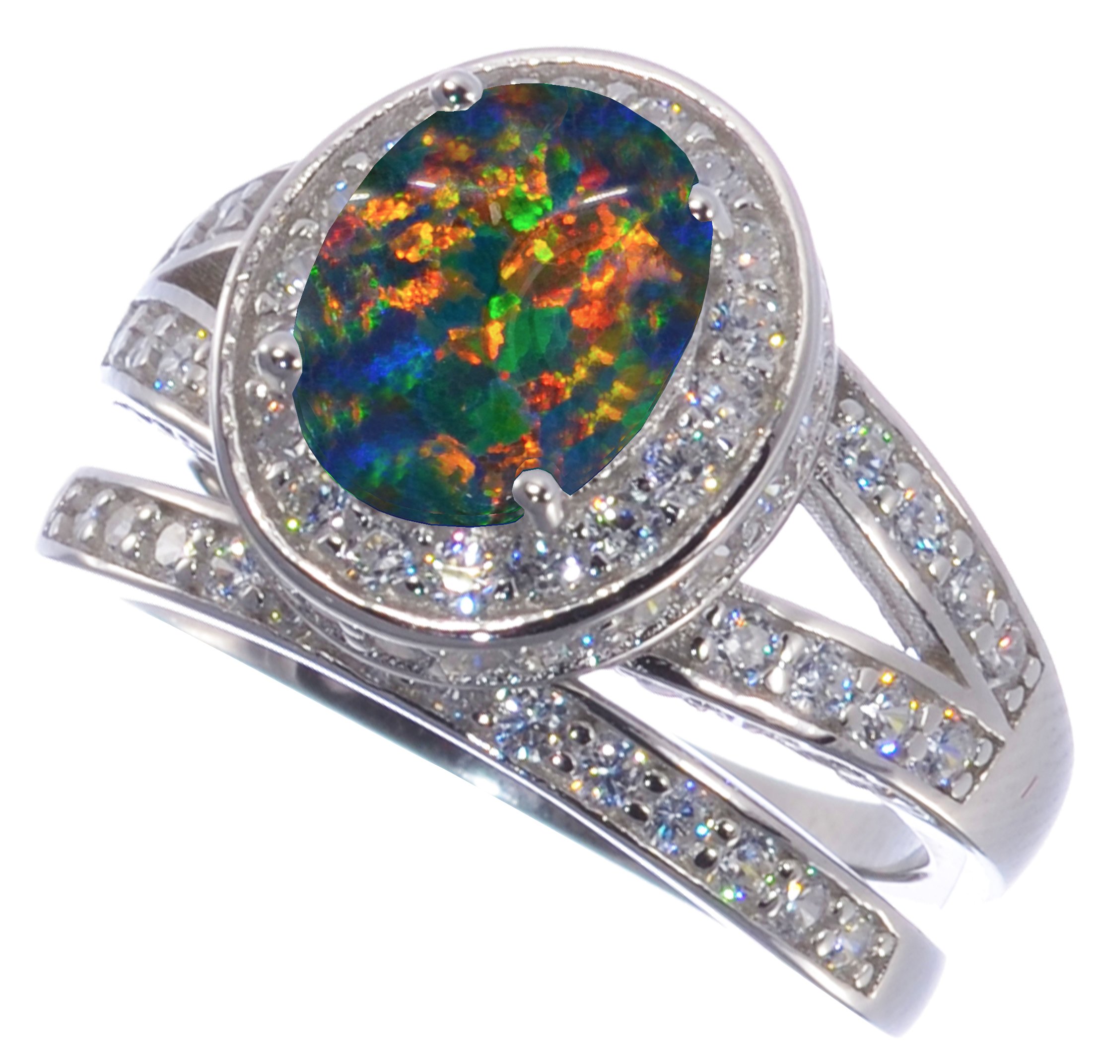 Bijoux Central Large Oval Simulated Black Fire Opal Engagement Bridal 925 Sterling Silver Ring Set