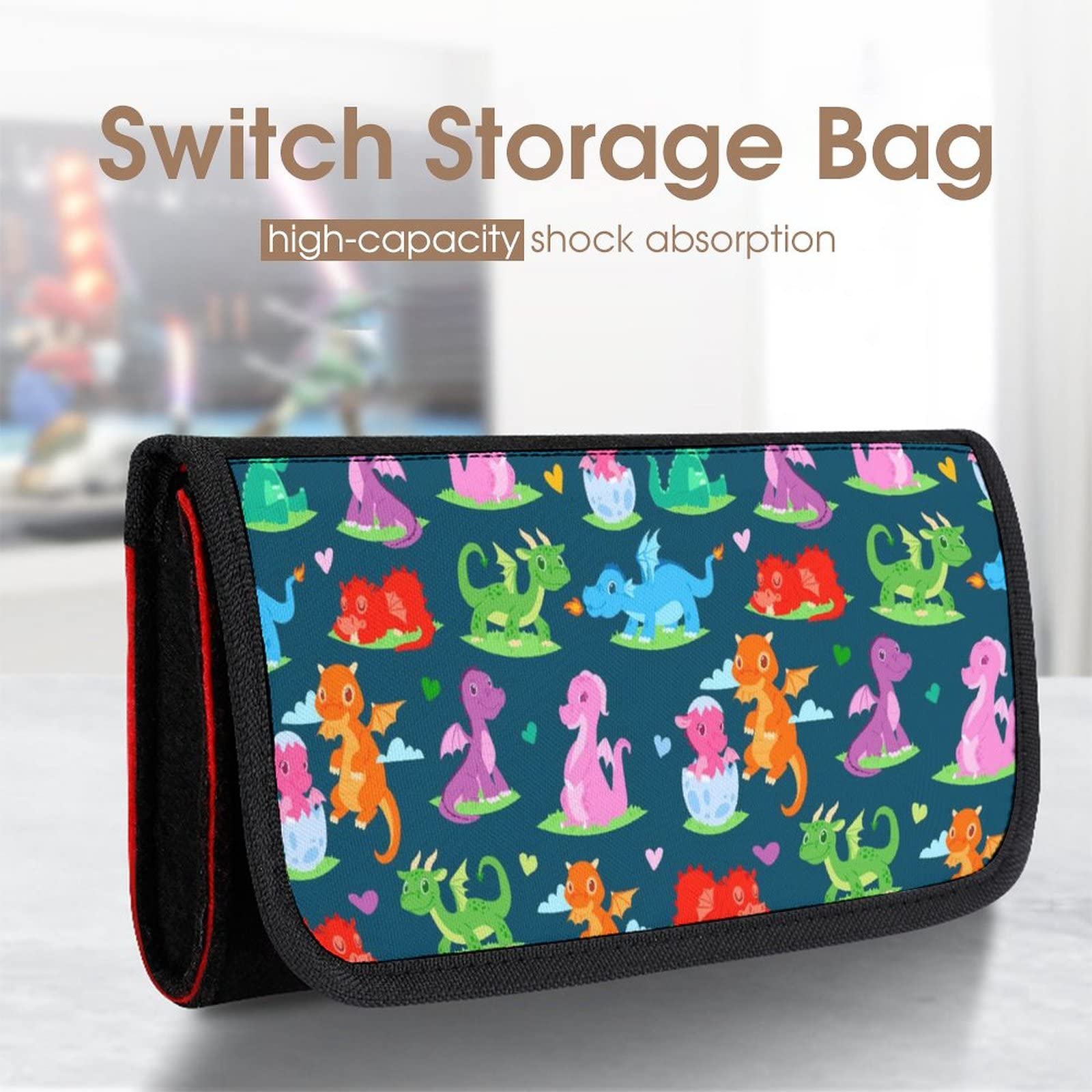 Colorful Cute Dragons Carrying Bag Compatible with Switch Protective Case Slim Felt Pouch with 5 Game Cartridges Holders
