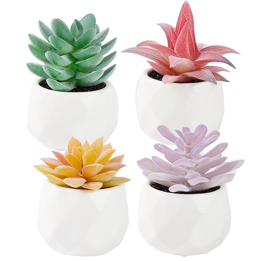 Set of 4 Mini Artificial Succulent Plants with White Geometric Ceramic Planters Faux Succulent for Bedroom Bathroom Bookshelf Office,Wedding Home Garden Decor(red/Green/Orange Yellow/Purple)
