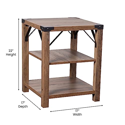 Flash Furniture Wyatt Modern Farmhouse 3 Tier Side Table - Rustic Oak Engineered Wood Frame - Black Metal Crisscross Side Braces and Corner Accents