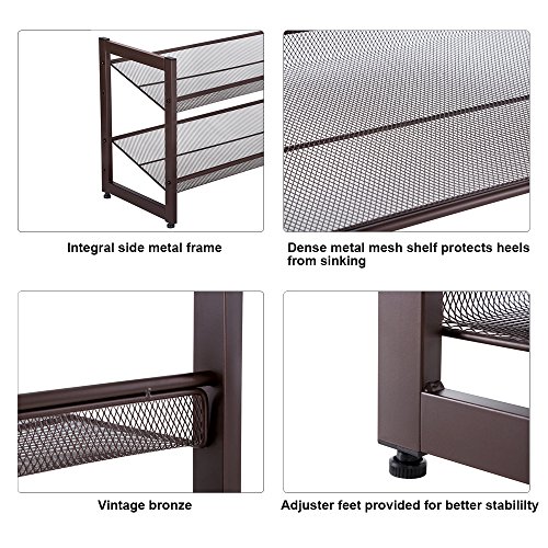 SONGMICS Shoe Rack, 2-Tier Stackable Shoe Storage Shelf, Flat or Angled Shoe Organizer, Metal Shoe Tower Stand for Closet Entryway, Bronze