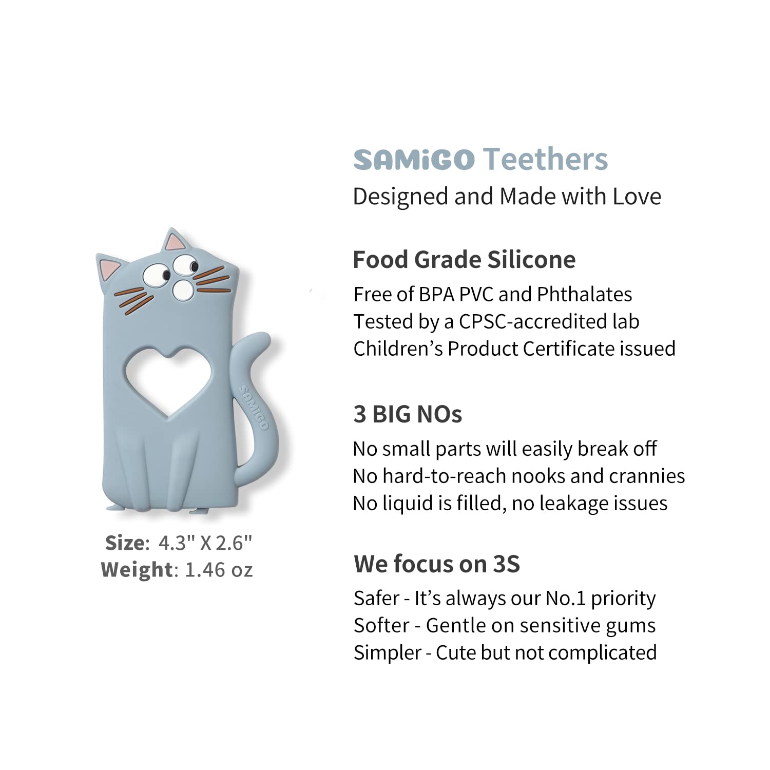 SAMiGO Baby Teething Toys Silicone Teether for Babies 0-6 and 6-12 Months Baby Chew Toys for Infant Boys and Girls - Blue Cat