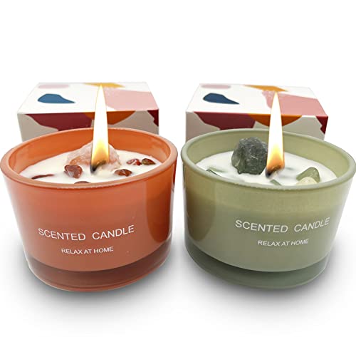 Healing Crystal Candles Decorative Soy Candle for Meditation Jar Candle Spiritual Gift for Women Scented Manifestation Candle 2 Pack Orange and Green