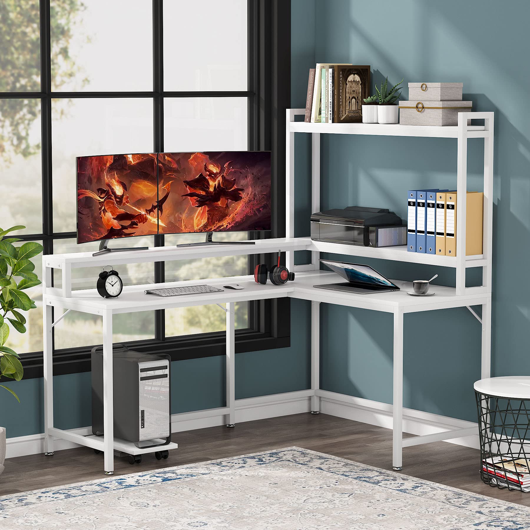 Tribesigns L Shaped Desk with Hutch and Monitor Stand, Corner Computer Desk Home Office Desk with Storage Shelf, Gaming Table Workstation,CPU Stand Included, (White&White)