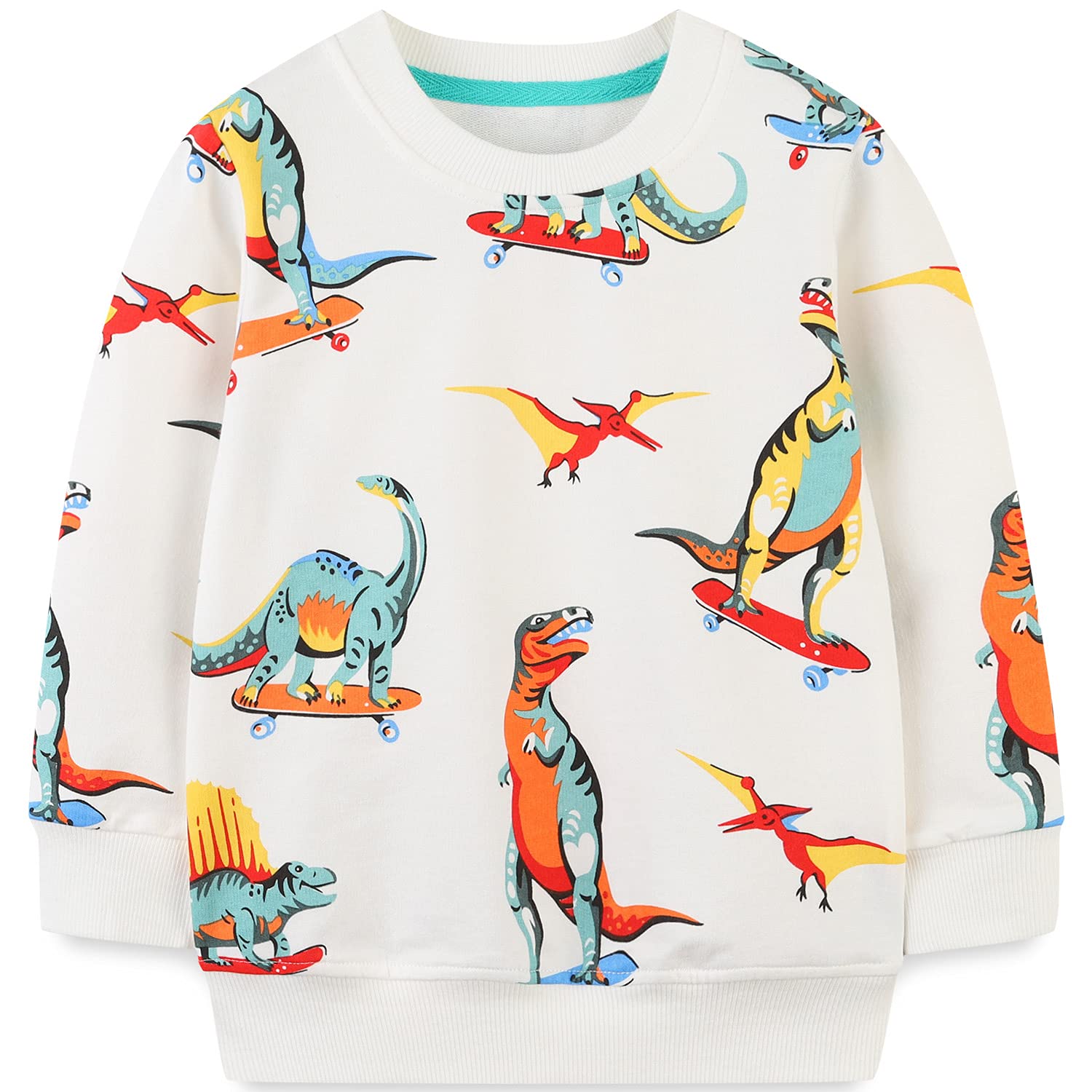 Bumeex Toddler Boy's Dinosaur Sweatshirt Clothes,Long Sleeve Shirt Top Outfit White Size 6