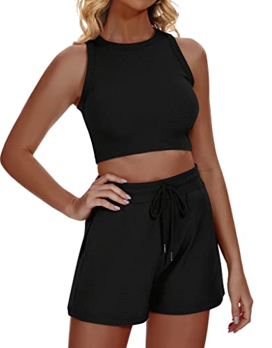 Funlingo Women's 2023 Waffle Knit Sleeveless Crop Top and Shorts Lounge Pajama Matching Sets Sweatsuits Tracksuits 2 Piece Summer Outfits Black M
