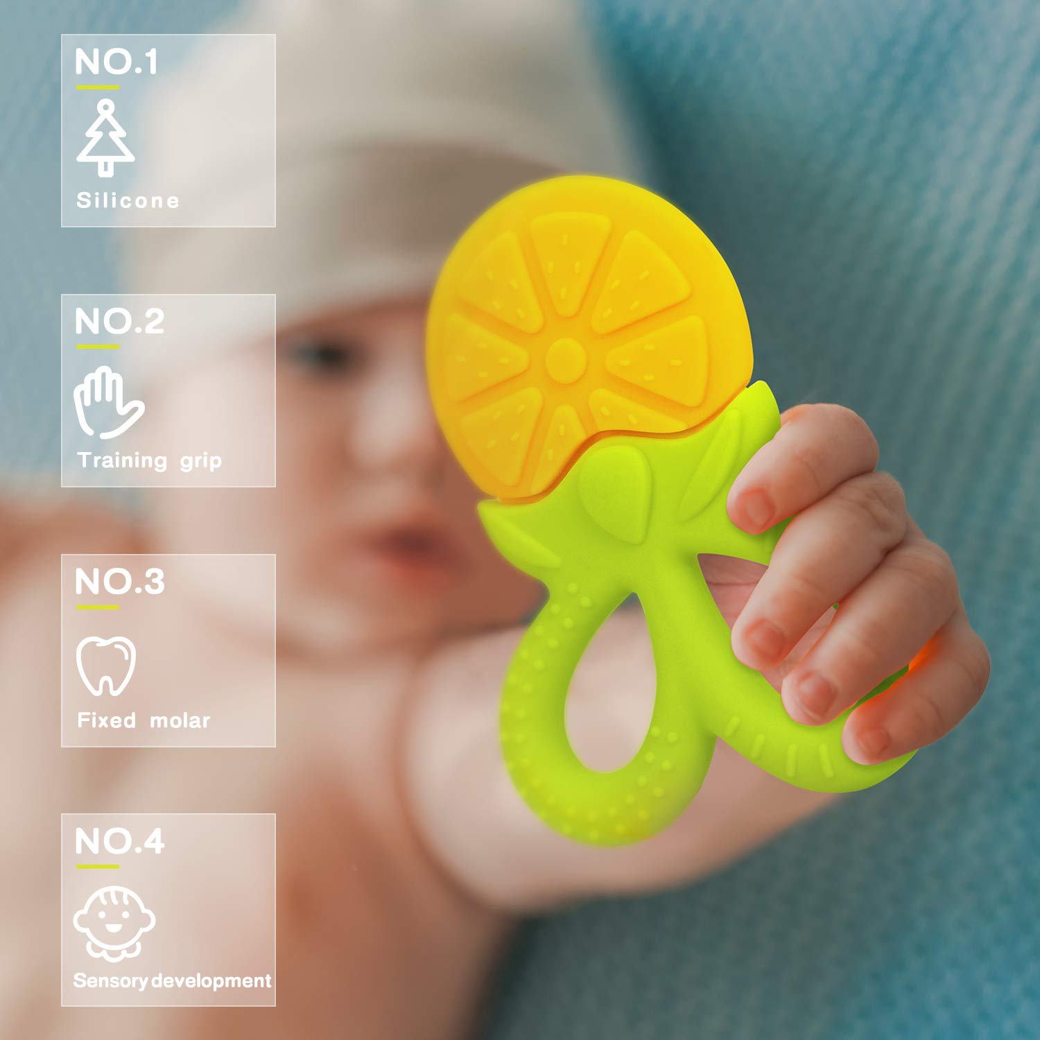 SHARE&CARE BPA Free Silicone Fruit Baby Teether Toys Baby Teething Toys with Storage Case, for 3 Months Above Infant Sore Gums Pain Relief(5 Fruit Trees)
