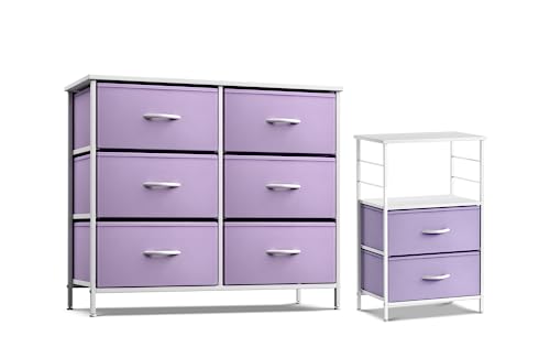 Sorbus Kids Dresser with 6 Drawers and 2 Drawer Nightstand Bundle - Matching Furniture Set - Storage Unit Organizer Chests for Clothing - Bedroom, Kids Rooms, Nursery, & Closet (Purple)