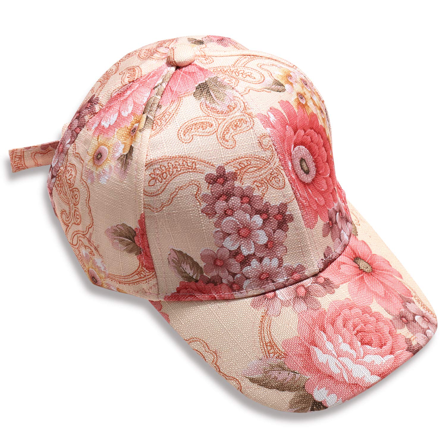 BSJELL Floral Baseball Cap for Women Adjustable Dad Hats Summer Casual Wide Brim Sun Protection Visor Hat (Beige Floral)