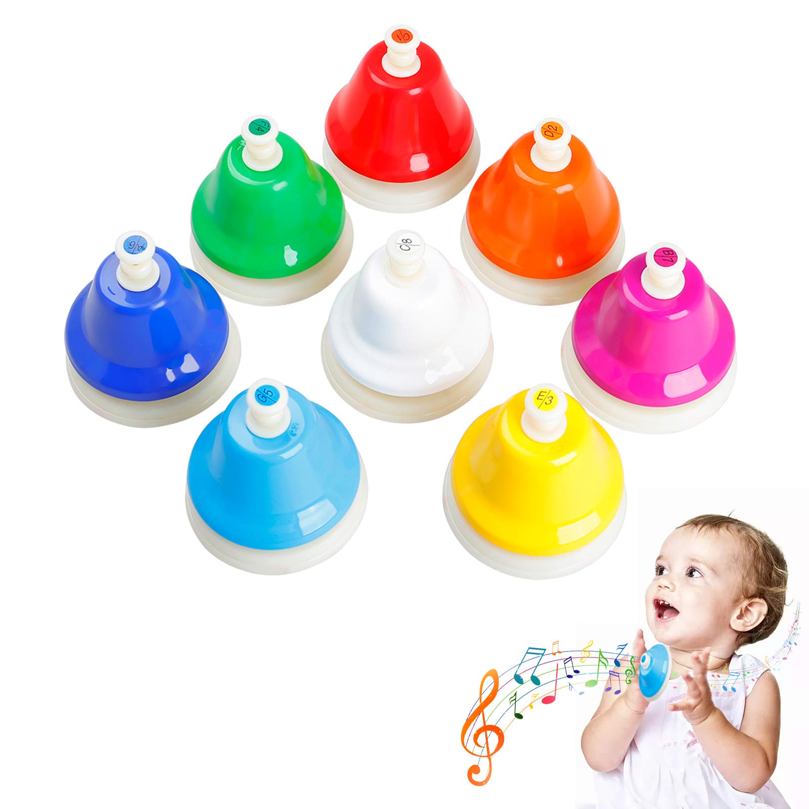 SHINLEYPACK Desk Bells Hand Bells for Kids,8 Notes Diatonic Colorful Metal Music Bells Percussion Instrument Musical Teaching Chromatic Birthday Gift for Children
