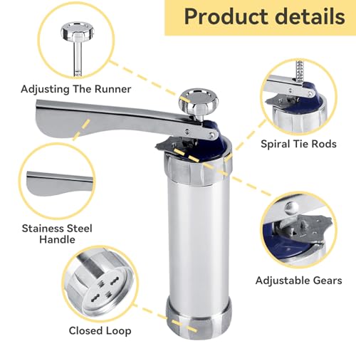 Cookie Press, Stainless Steel Churro Maker Machine Biscuit Press Cookie Gun Set with 20 Decorative Molds and 4 Nozzles for DIY Biscuit Maker 8.27 x 6.10in Cookie Press Machine Cookie Press Gun