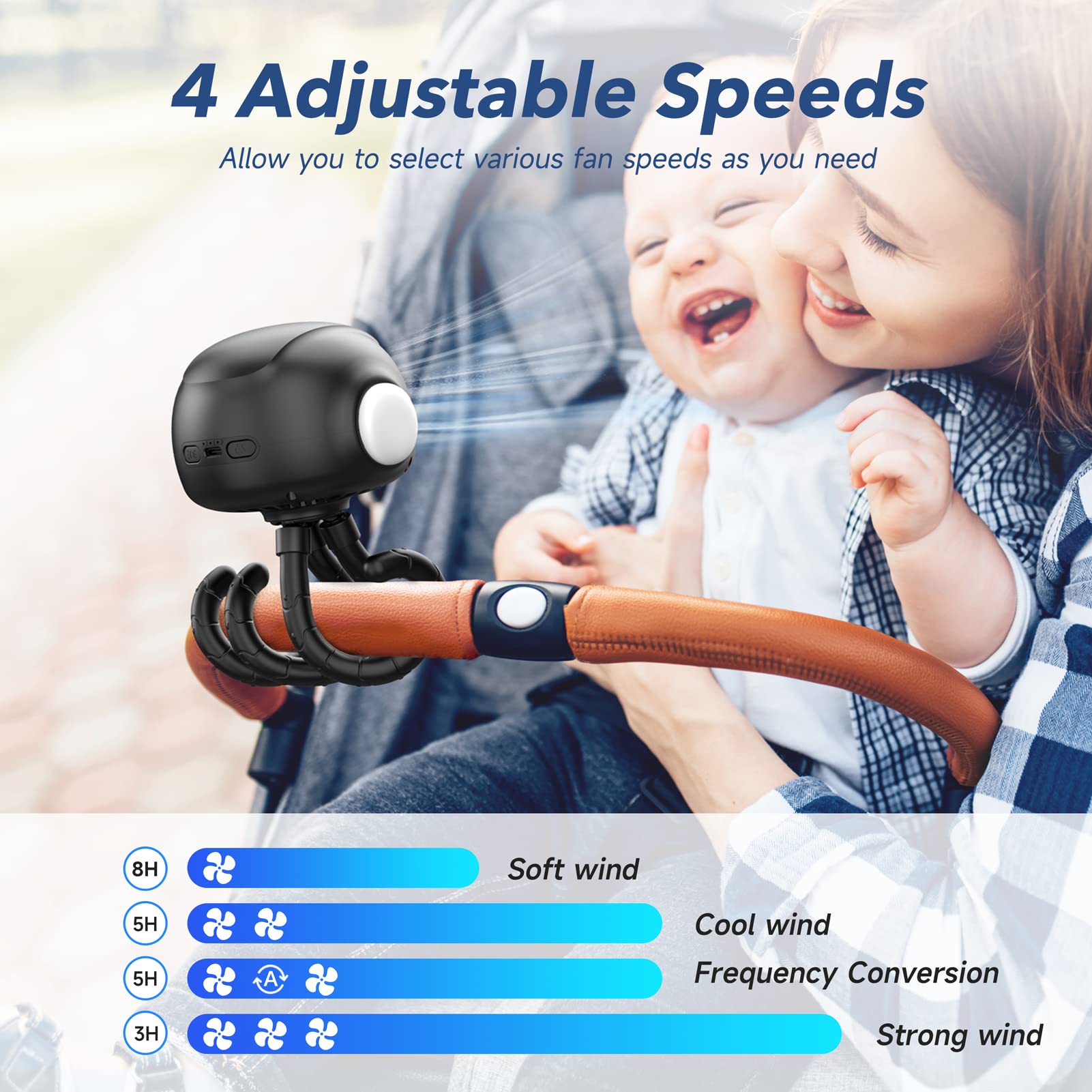 Inverter Table Fans With LED Lights|USB Fans Rechargeable 4000mAh Portable Robot Flexible Tripod Clip |4 Speeds 360°Adjustment, for Baby Stroller, Bedside, Desktop|Where You Can Stand and Hang (Black)