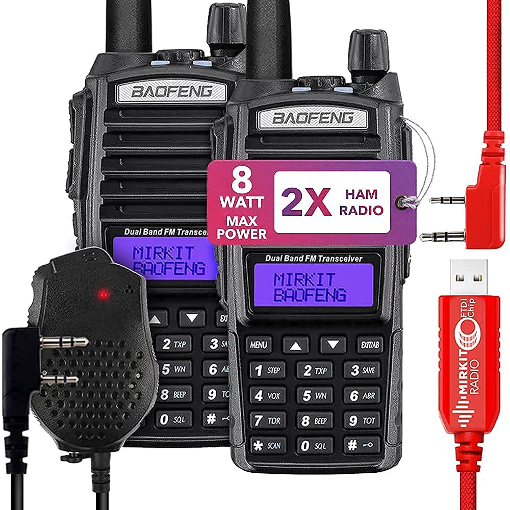 Bundle of 2PCS Mirkit Radio Baofeng UV-82 MK5 8W Max Power & 2PCS Original Baofeng UV-82 2 Dual PTT Speaker Mic & Baofeng Programming Cable Mirkit FTDI Model 3 Red