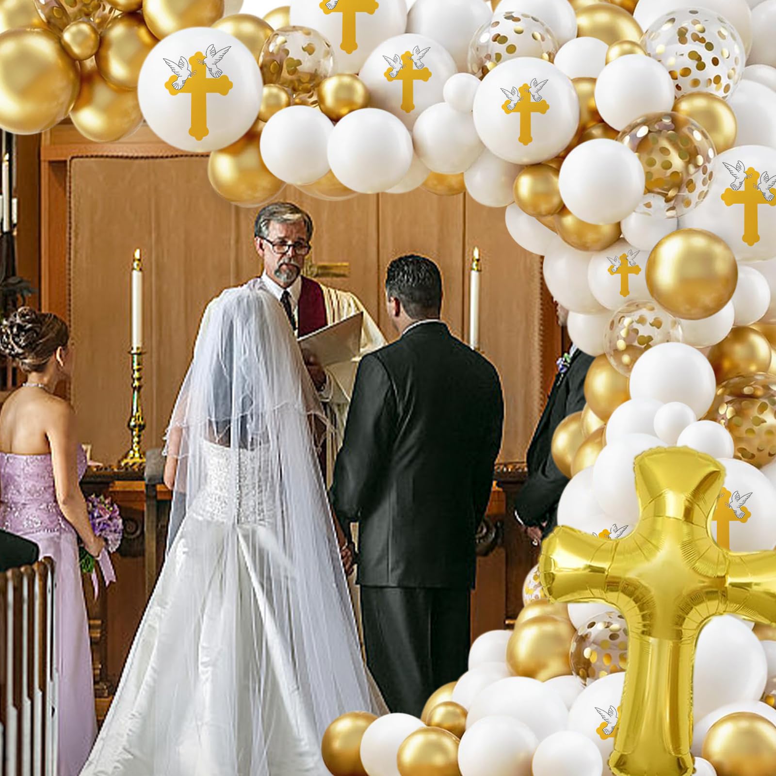 First Communion Decorations 129Pcs First Communion Balloon Garland Arch Kit white Confetti Balloons with Cross Balloon for First Holy Communion Decorations God Bless Christening Baptism Party Supplies