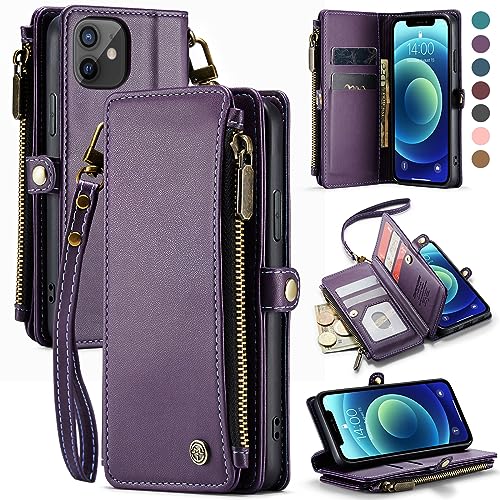 Defencase iPhone 12/12 Pro Case, RFID Blocking iPhone 12 Wallet Case for Women Men with Card Holder, Zipper Pocket Magnetic Flip PU Leather Strap Protective Cover for iPhone 12/Pro Phone Case, Purple