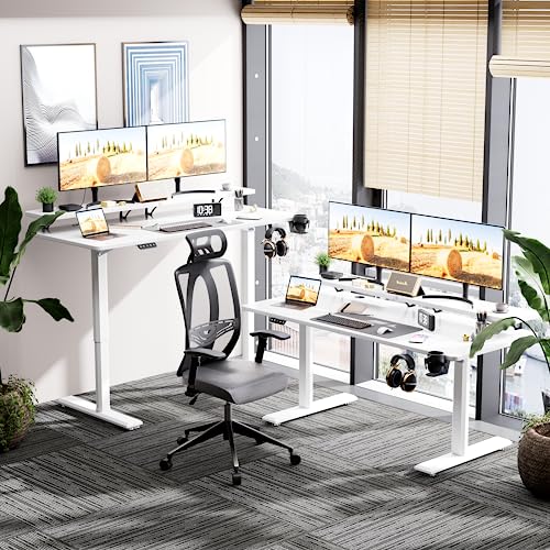 Kemon Electric Standing Desk with Monitor Stand, 55 x 24 Inch Height Adjustable Sit Stand up Desk, Home Office Computer Workstation with Cup Holder and Hook, Stand Table for Work, White