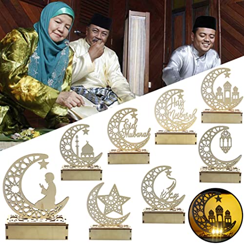 Eid Decorations Lights,Wooden Moon Star Ramadan Lights Eid Table Ornament Ramadan Table Lights for Ramadan Table Decor