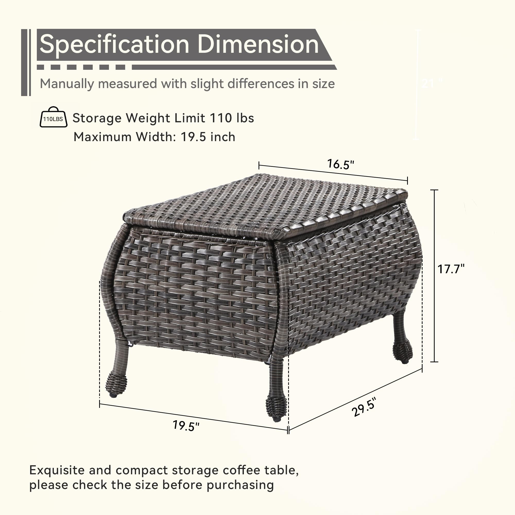 Gardenbee Outdoor Storage Table Patio Coffee Table All Weather Wicker Side Table with Storage Room Rattan Furniture for Toys and Garden Tools