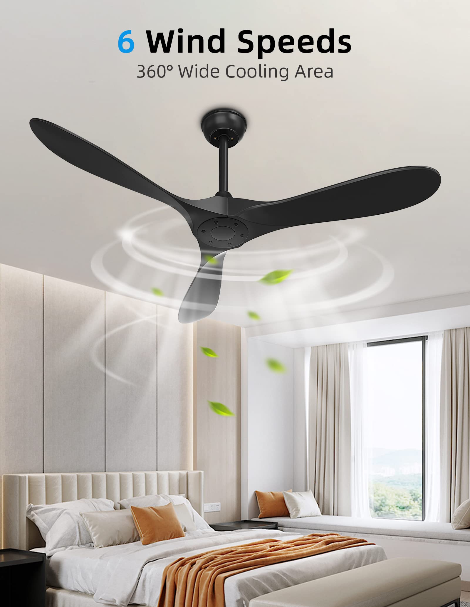 BECLOG Ceiling Fan With Remote Control,Black Indoor & Outdoor Ceiling Fans with Noiseless DC Motor and 3 Downrods.52 inches Ceiling Fans No Lights Plastic Fan Blade