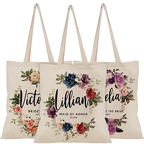 Personalized Wedding Gift Bags for Women w/Name & Text - 6 Floral Designs Customized Bridesmaid Canvas Bag Custom Flower Bride Shoulder Bachelorette Party Bridal Shower Tote C1, Beige