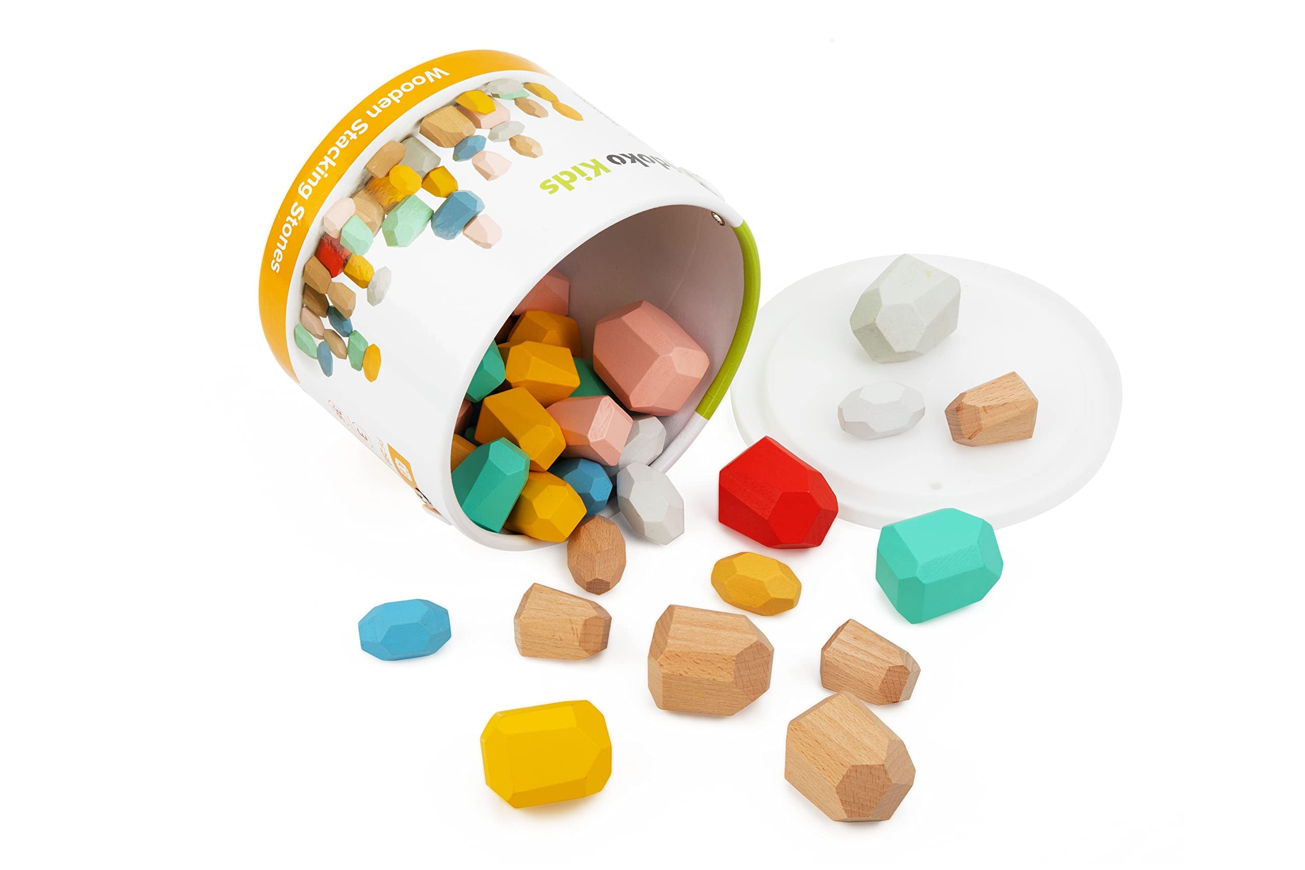 Pidoko Kids 36 Pcs Stacking Rocks with Storage Container - Wooden Balancing Stones - Educational Preschool Learning Montessori Toys - Wood Building Sorting Blocks Set