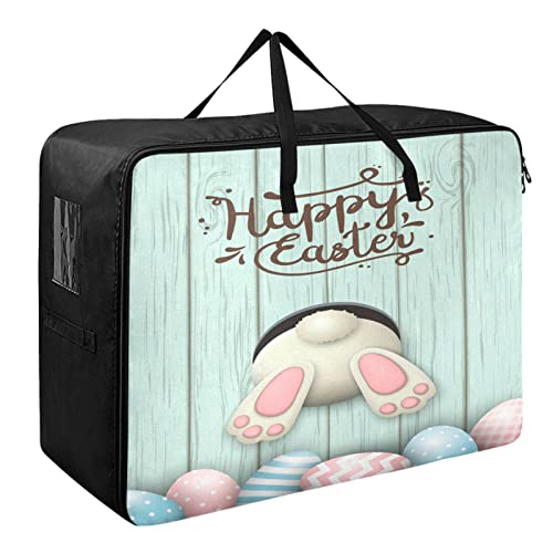 DOMIKING Under Bed Clothes Storage Bag - Bunny Happy Easter Eggs Blanket Storage Large Storage Containers with Zipper Pillow Storage 27.6x19.7x11inch
