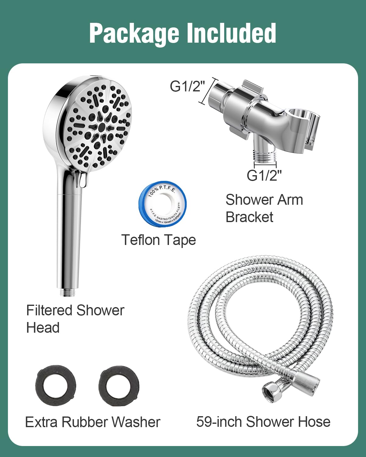 Diiwet Filtered Shower Head with Handheld, High Pressure Shower Heads with Filter for Hard Water, 6 Spray Modes Detachable Showerhead with Hose and Bracket (Chrome Polished)