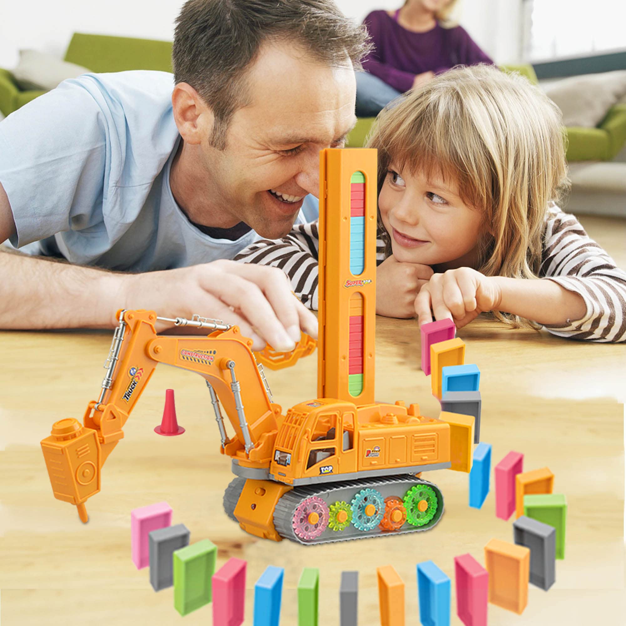 Scientree Domino Engineering Vehicle Set, 120PCS Automatic Domino Laying Train Toy with Lights & Sounds for Kids Age 3+