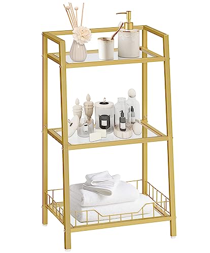HOOBRO Gold Bookshelf, 3-Tier TemperedĀ Glass Bookcase, Bathroom Storage Stand, Record Storage Rack with Side Guards, Strong and Durable, for Bathroom, Bedroom, Living Room Modern Style, Gold GD77CJ01