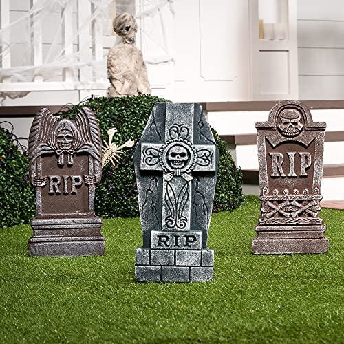 JOYIN 17β Halloween Foam RIP Graveyard Tombstones (5 Pack), Yard Sign Headstone Decorations and 12 Bonus Metal Stakes for Halloween Yard Outdoor Indoor Decorations
