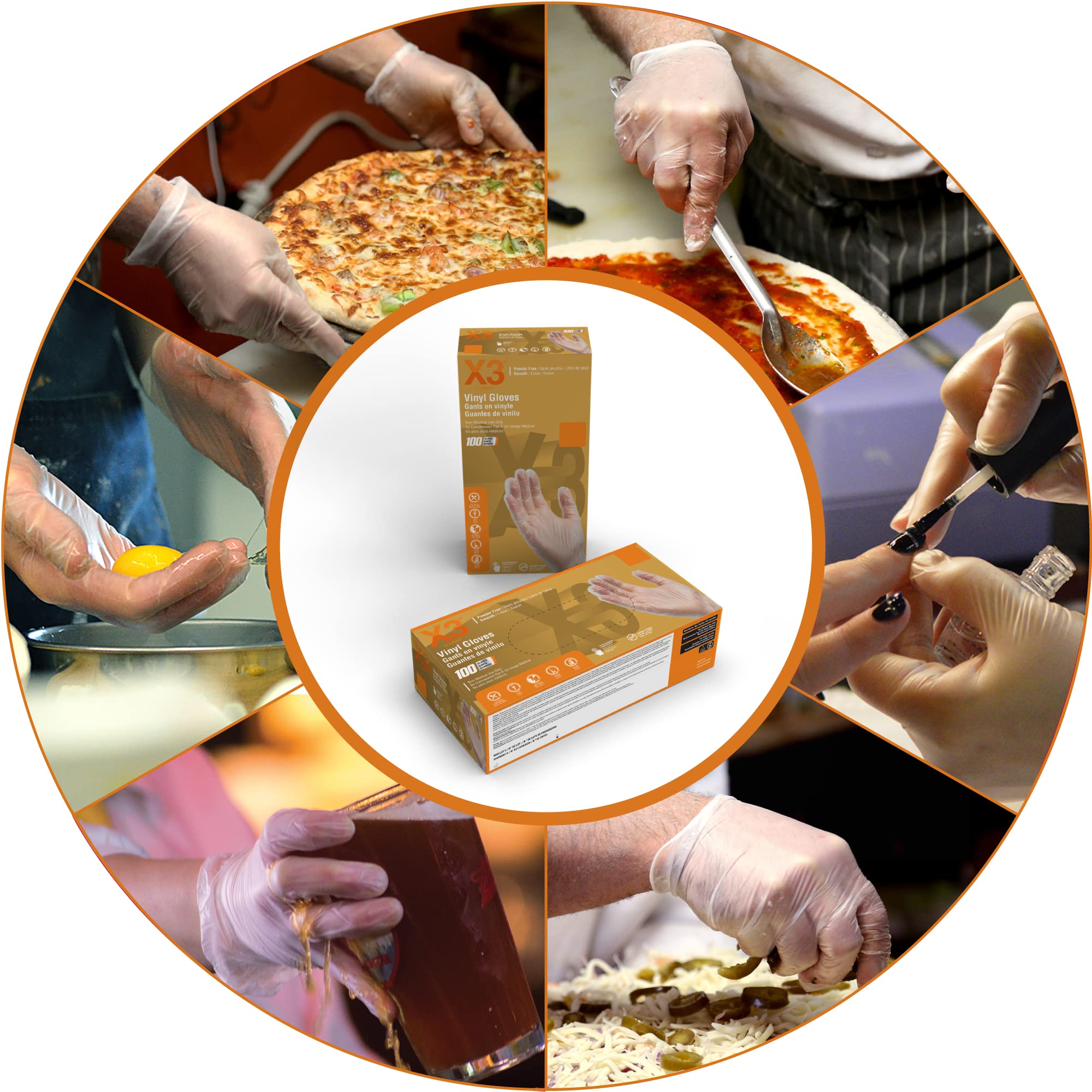 X3 Clear Vinyl Disposable Industrial Gloves, 3 Mil, Latex & Powder-Free, Food-Safe, Non-Sterile, Smooth, Large, Box of 100