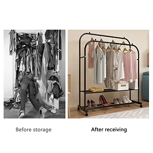 GGQQ Clothes Garment Rack with Shelves,Metal Double Rod Clothes Hanger Rack,Rolling Garment Rack for Hanging Clothes,Stand Clothes Drying Rack with Wheels(41”,White).
