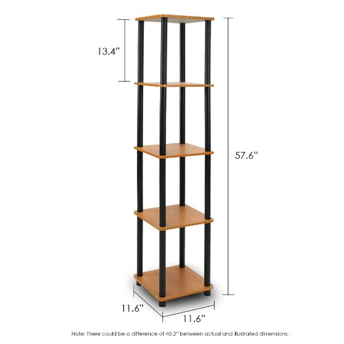 FURINNO Turn-N-Tube 5-Tier Corner Square Rack Display Shelf, Round, Light Cherry/Black