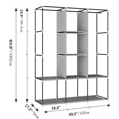 GHQME Fabric Wardrobe with 3 Drawers, Portable Clothes Closet Storage Organizer with Compartments and Rods (Black, 49.2” x 17.3” x 63.8”)